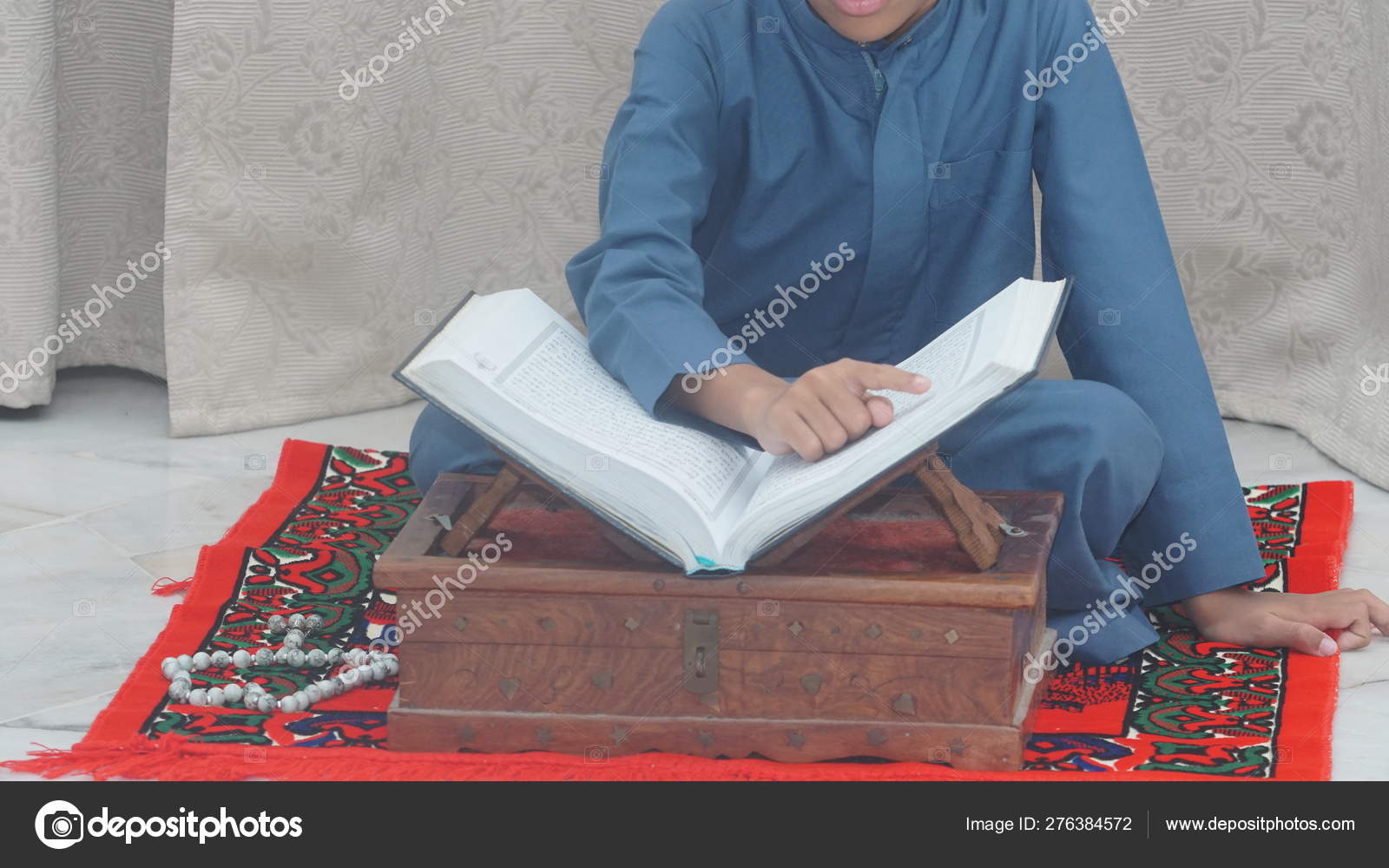 Mid Section Muslim Boy Reciting Holy Book Quran Mosque — Stock Photo ...