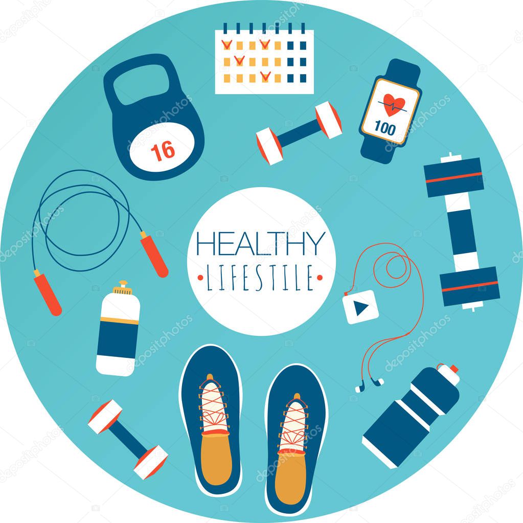 Ilustración vectorial de artículos de fitness en círculo: zapatos ...