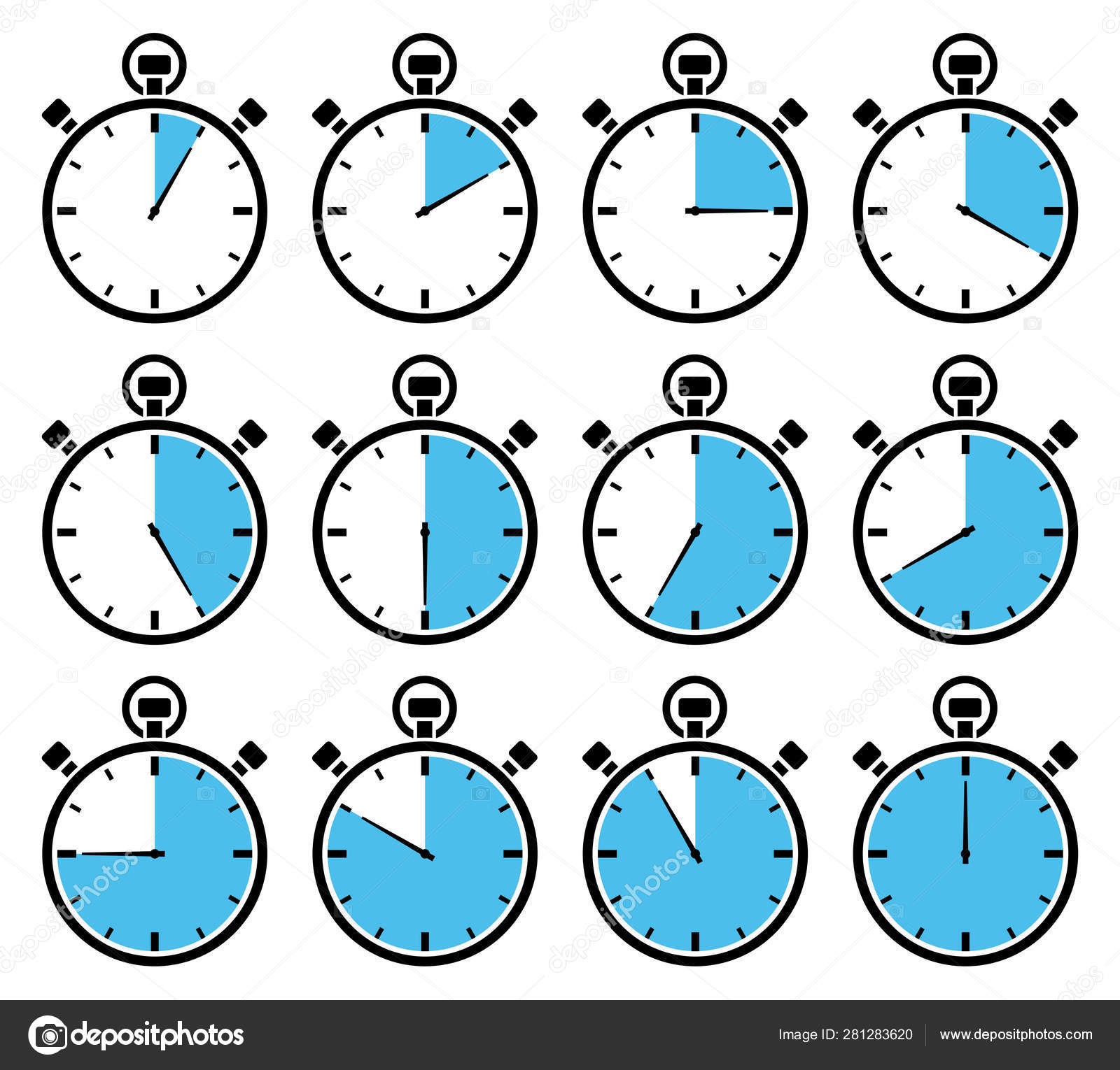 Set Twelve Graphic Stopwatches Blue Different Times Stock Vector Image ...