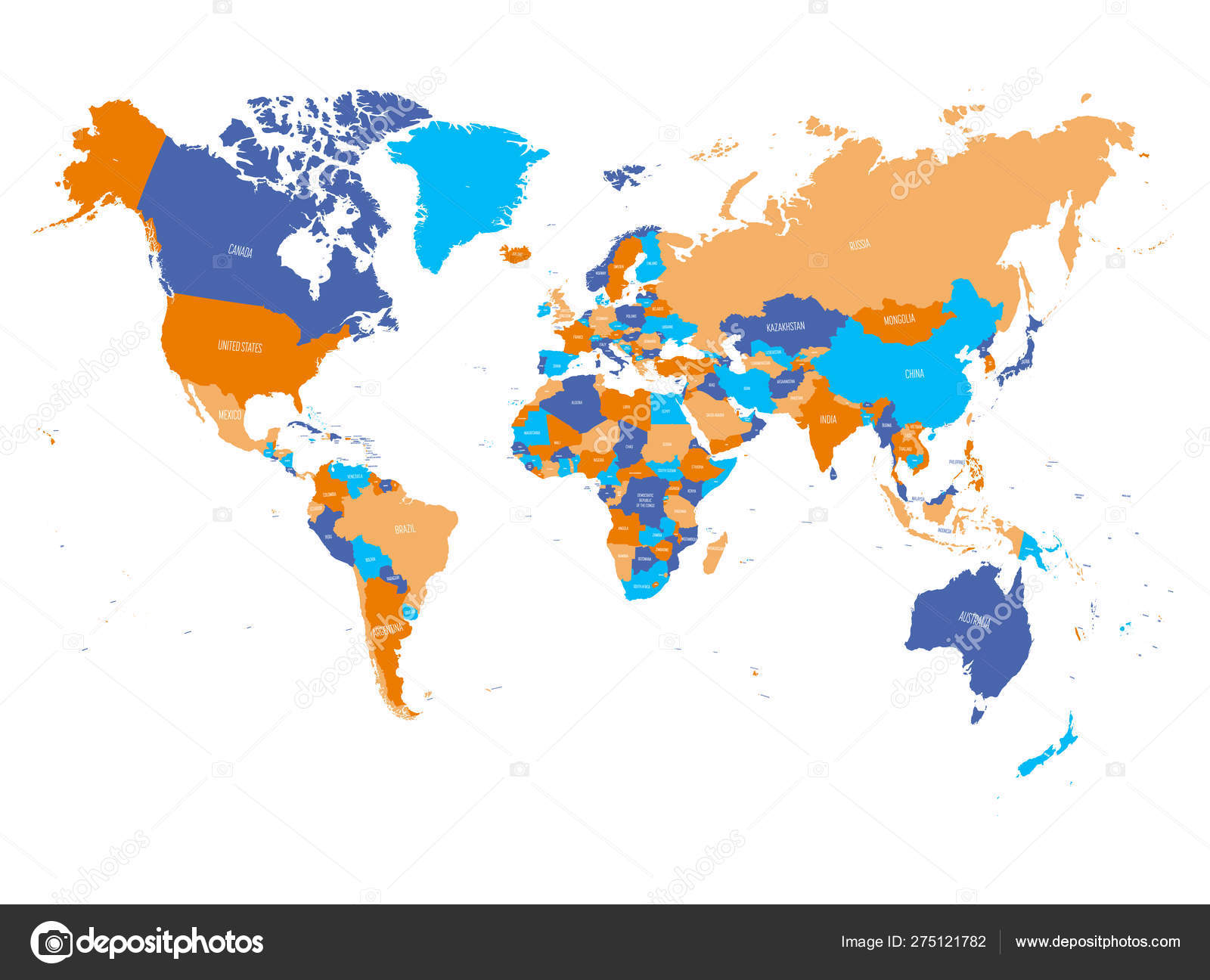 World map in four colors on white background. High detail political map ...