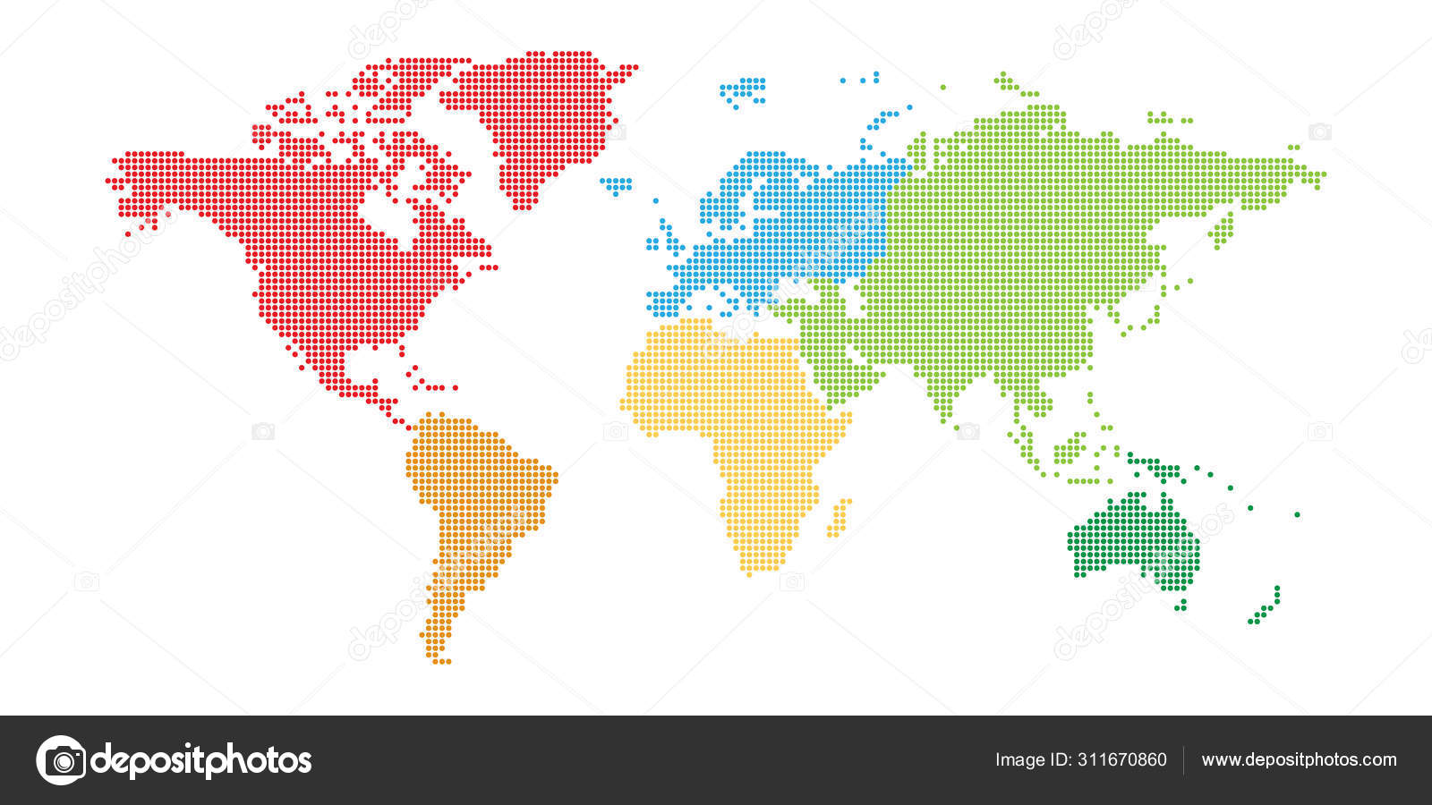 세계 지도는 각 대륙에 대한 변분 무쌍 한 색깔의 작은 점들로 이루어져 있습니다 점선 디자인 간단 한 평면 벡터 일러스트 스톡 벡터 ©pyty 311670860
