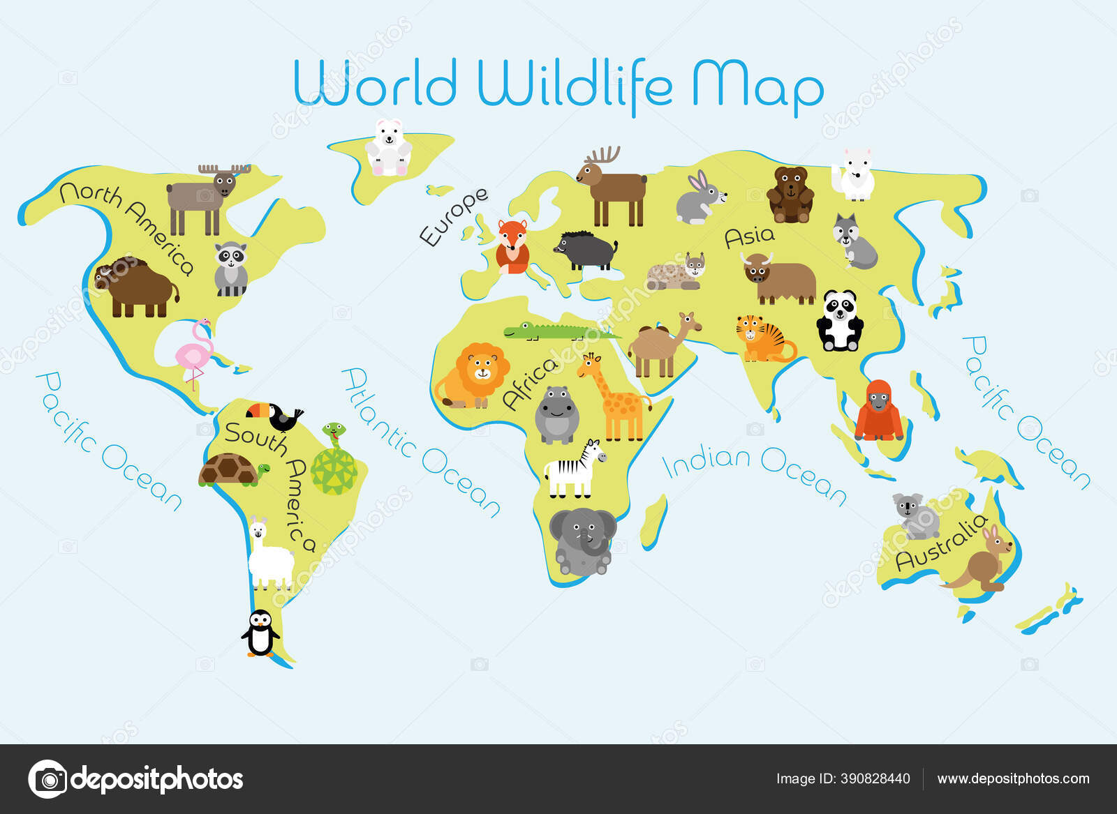World Wildlife Map - continents with typical fauna. Funny cartoon ...