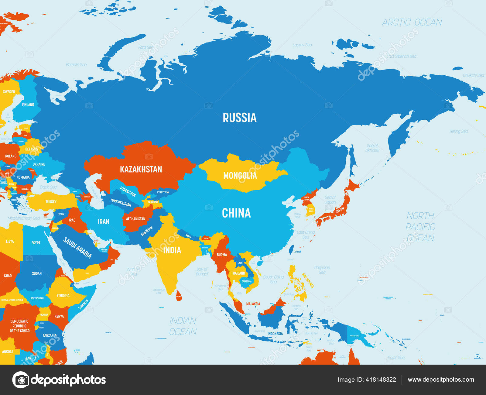 Asien 4 lyse farveskema. Høj detaljeret politisk kort over asiatisk ...