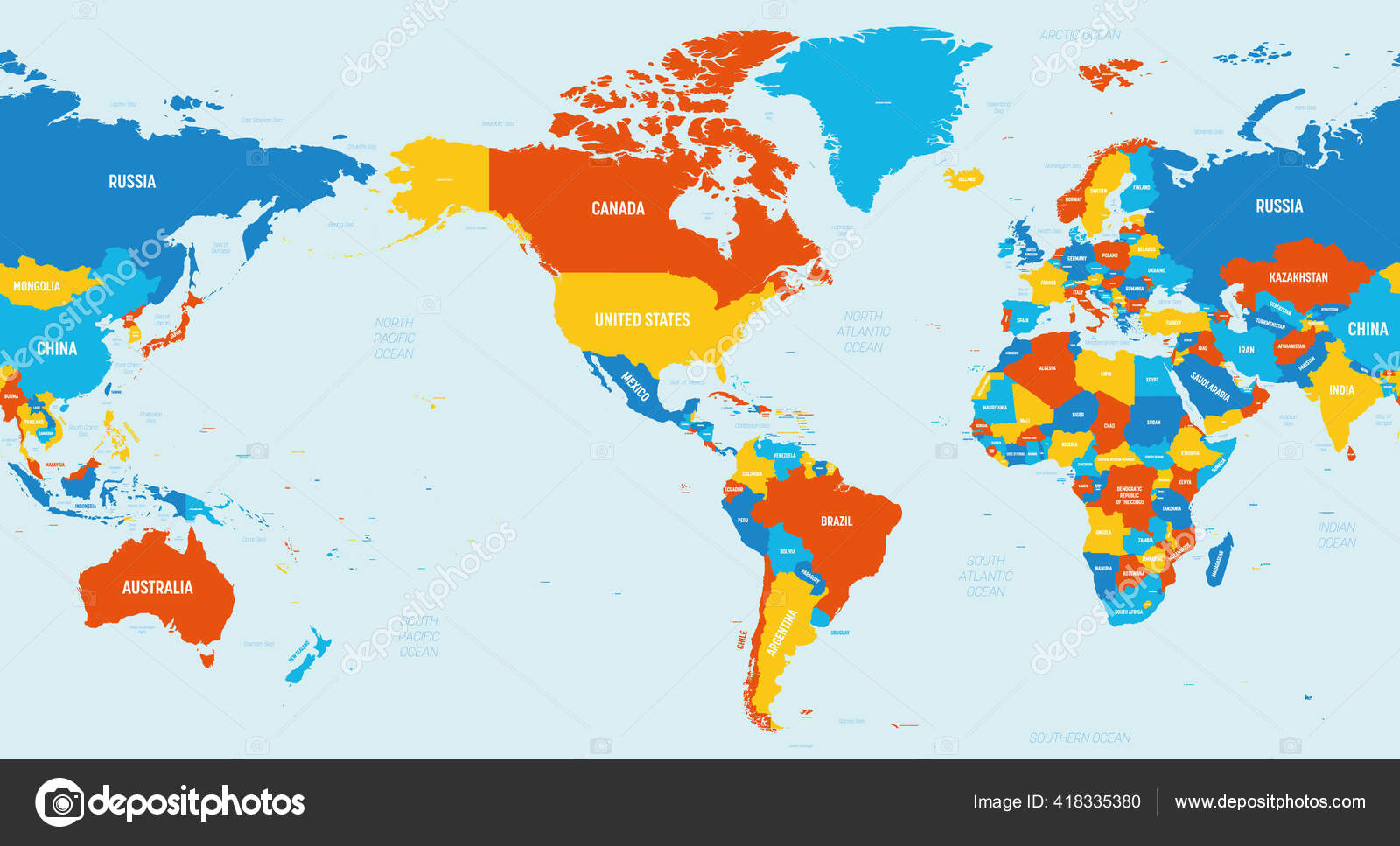 世界地图-以美国为中心。4.明亮的色彩。高度详细的世界政治地图，标明国家、海洋和海洋名称图库矢量图作者：© pyty 418335380