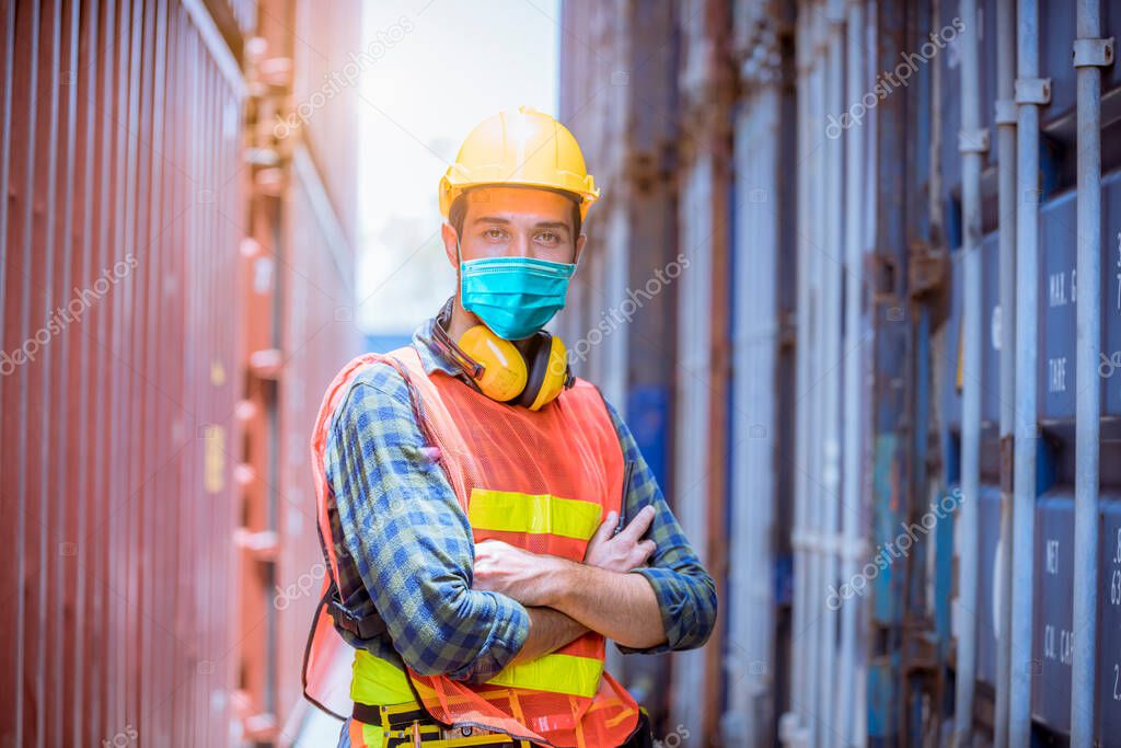 Portrait man dock workers under inspection and check production process ...