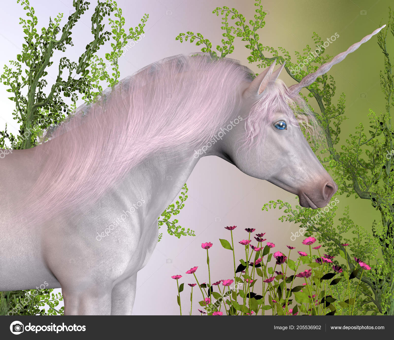 White Enchanted Unicorn Mare Pink Mane Stands Pink Flowers Green ...