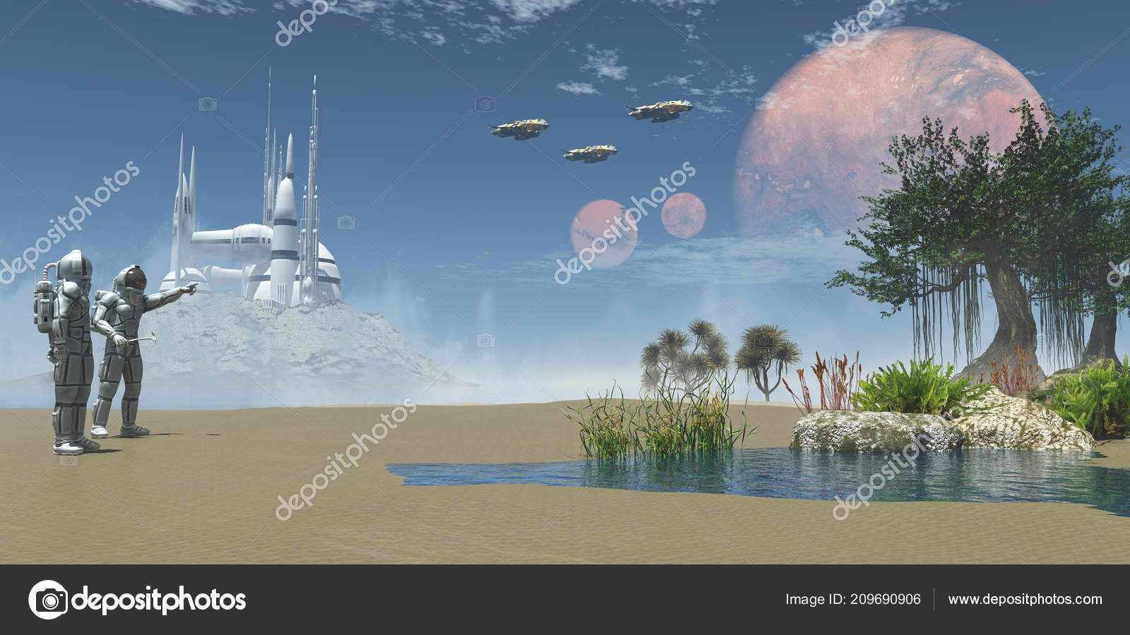 Man Space Suit Points Three Spaceships Taking His Companion Exoplanet ...
