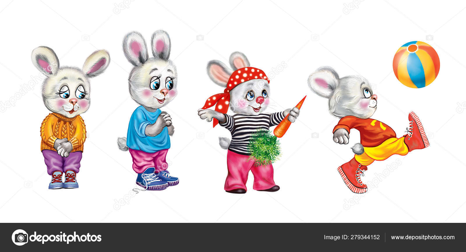 Funny Rabbits Hare Playing Ball Set Cartoon Animals Isolated Characters ...