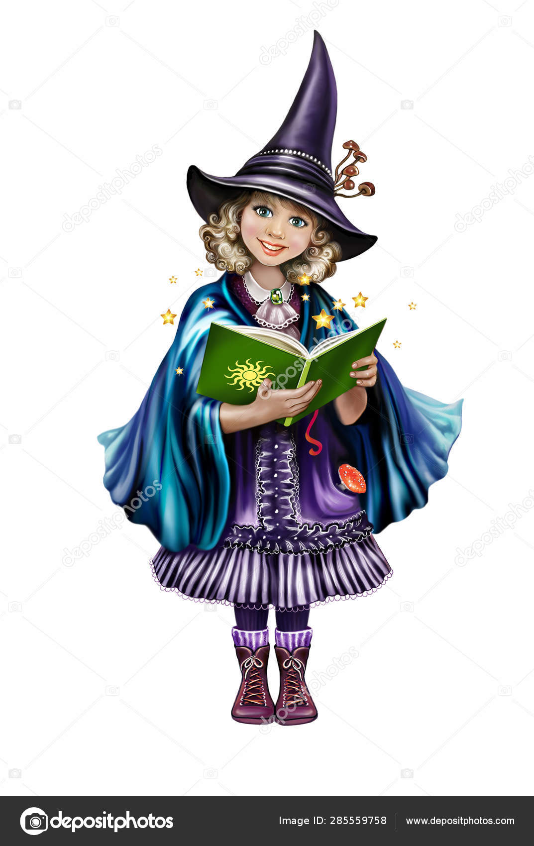 Girl Magic Book Little Witch School Magic Child Reading Isolated Stock ...