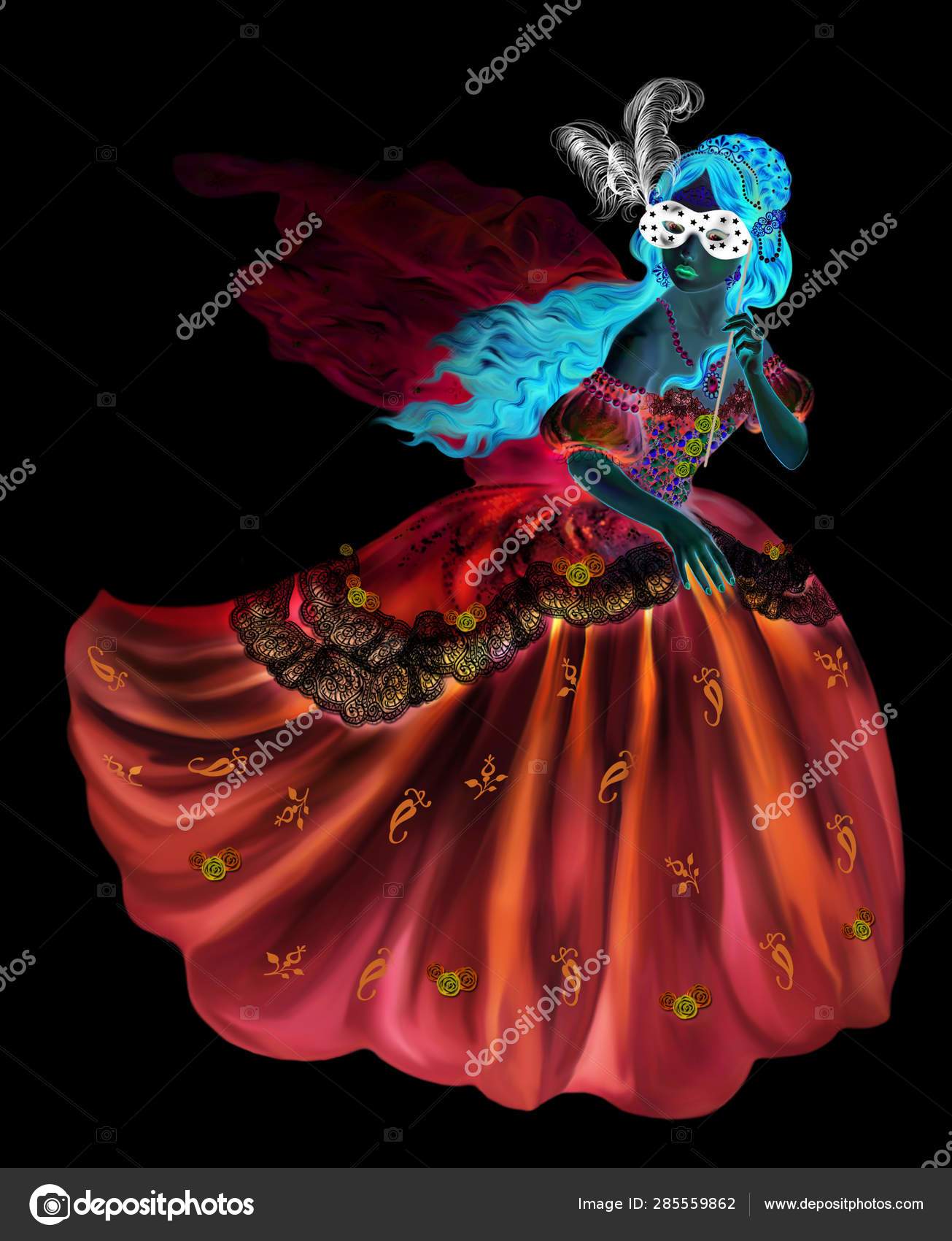 Beautiful Princess Carnival Mask Mysterious Woman Red Hair Ball Dress ...