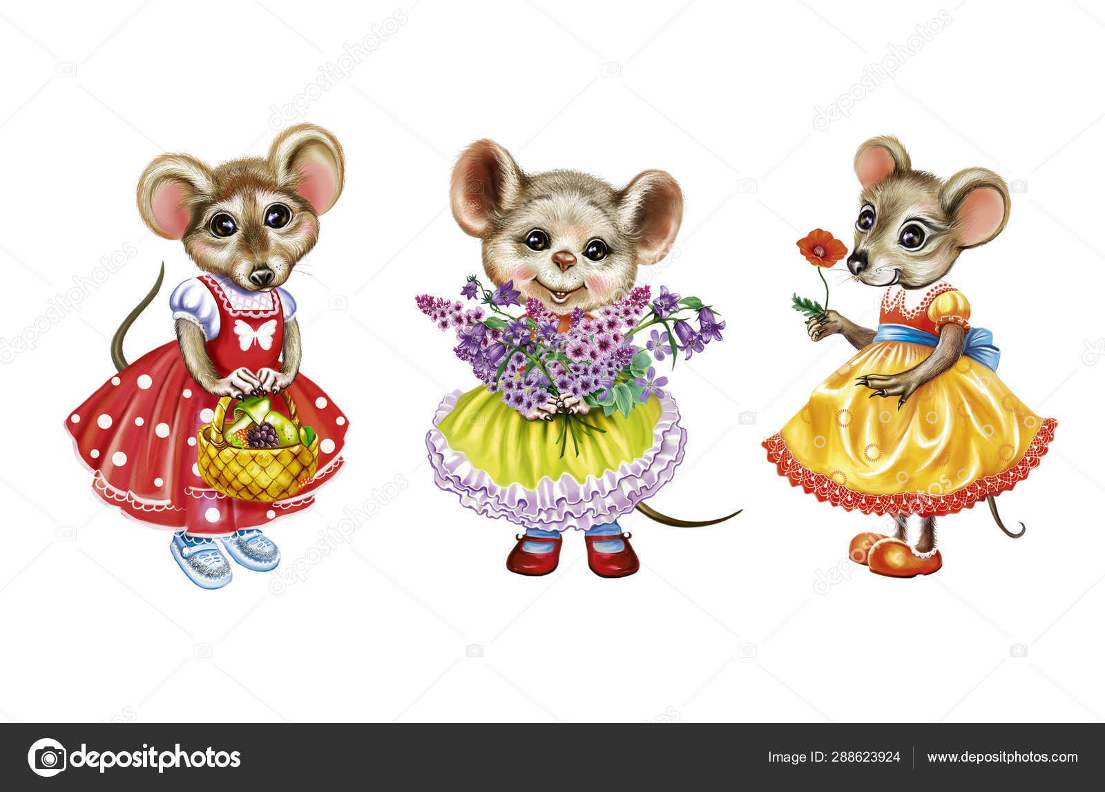 Three Funny Mice Cartoon Mouse Set Animals Clothes Characters Greeting ...