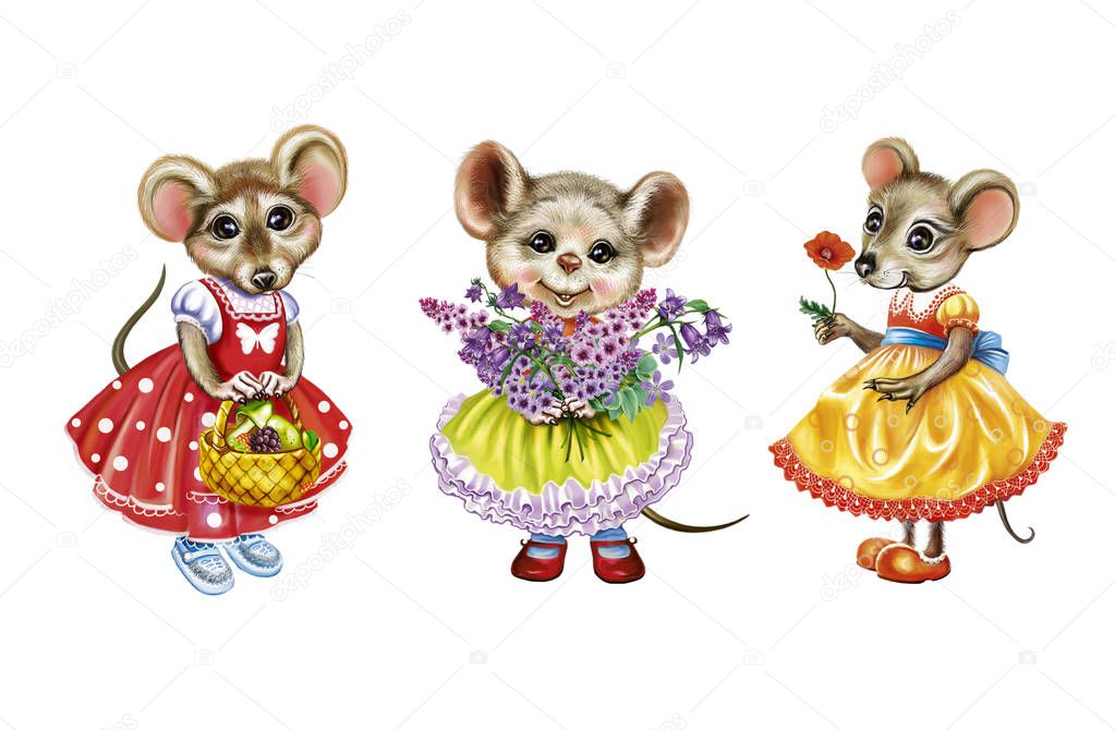 tres ratones divertidos, un ratón de dibujos animados, un conjunto de ...