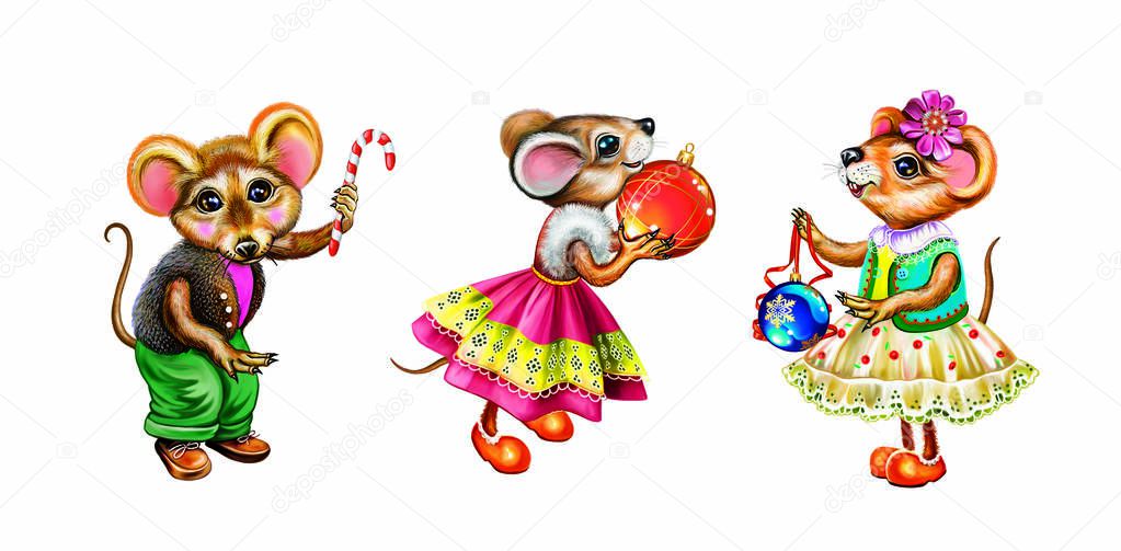 ratones divertidos decoran el árbol de Navidad, animales de dibujos ...