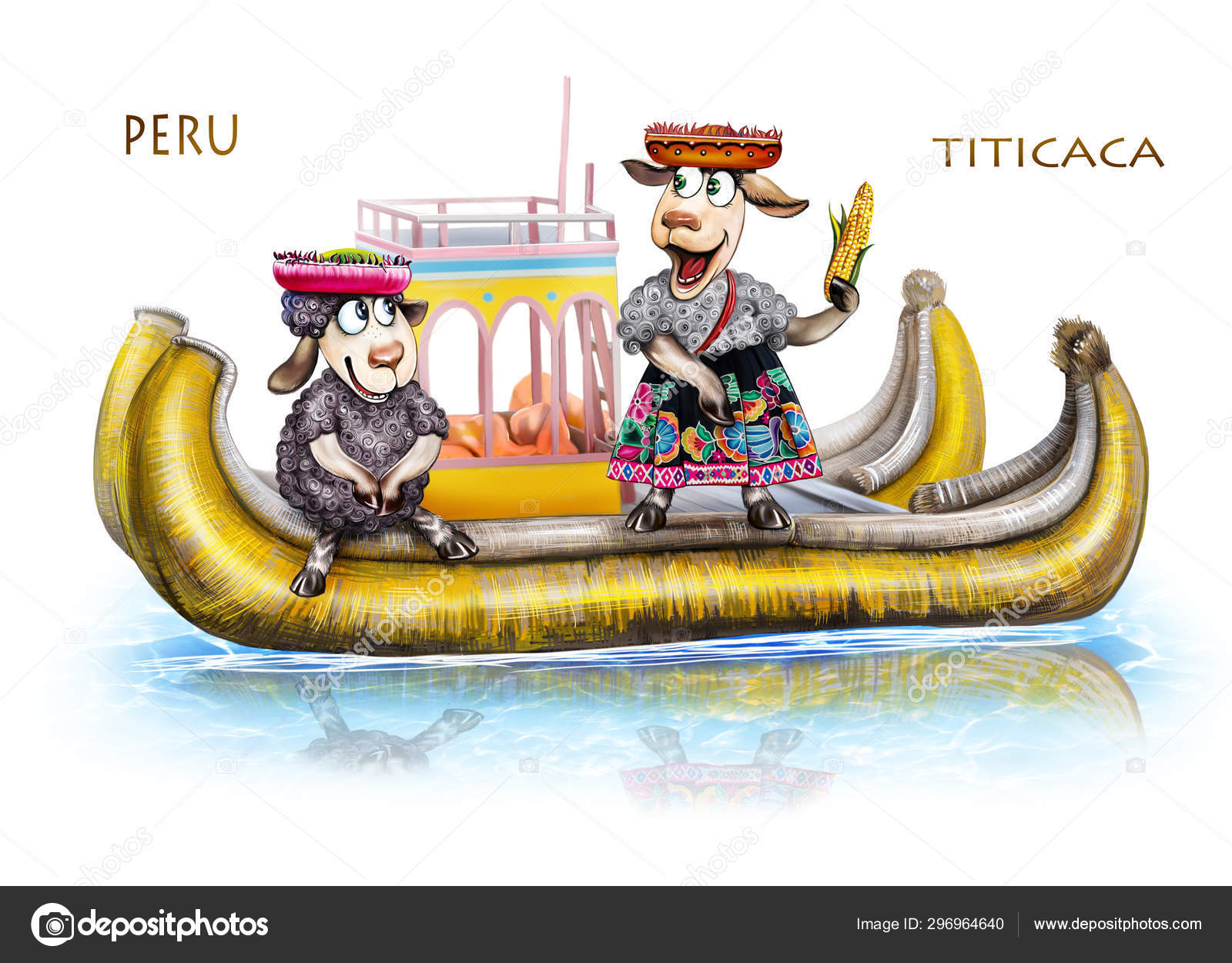 Two Sheep Sailing Boat Lake Titicaca Cartoon Animals Peru Bolivia ...