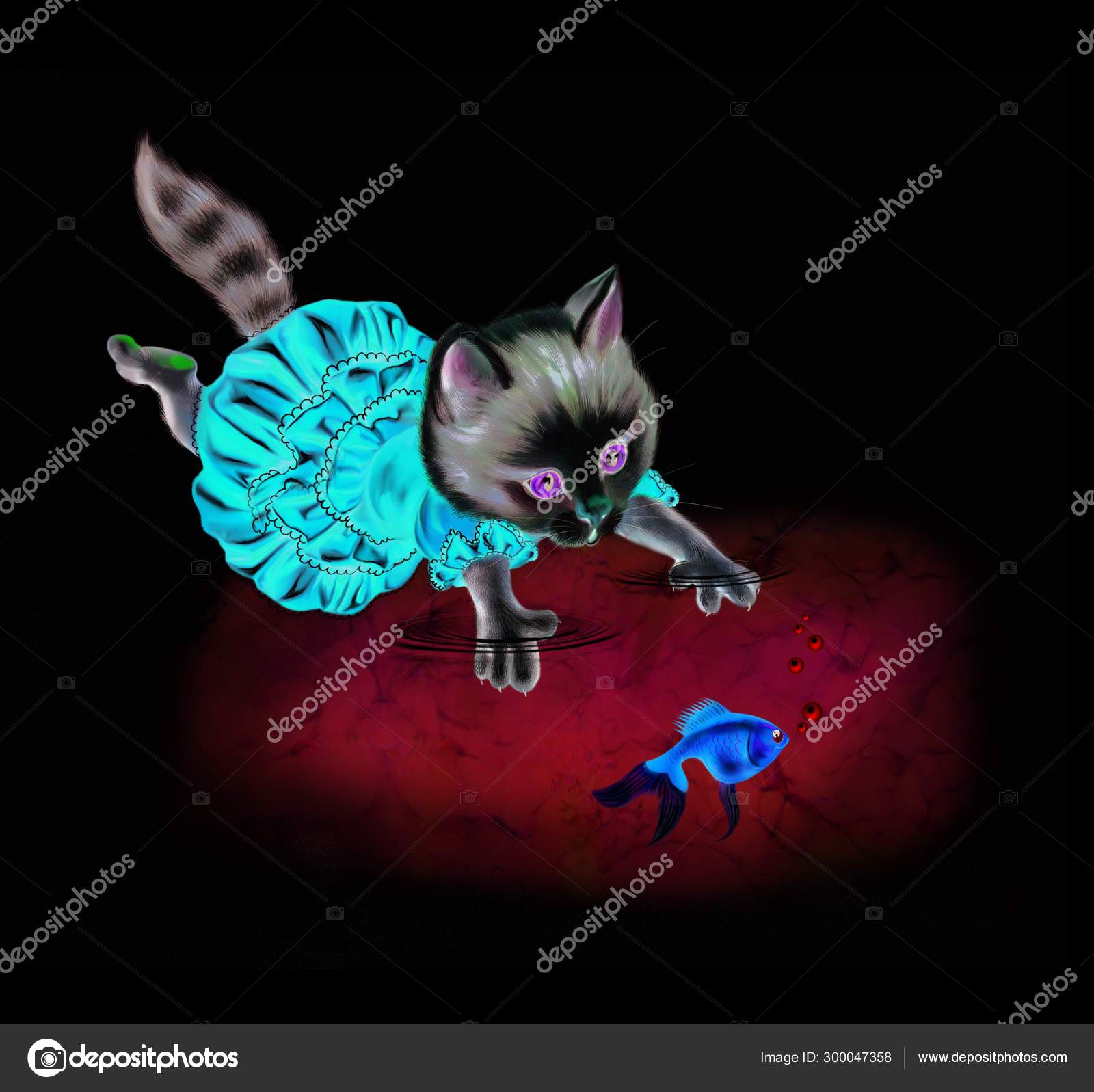 Cat Dress Diving Water Goldfish Fishing Small River Isolated Character ...