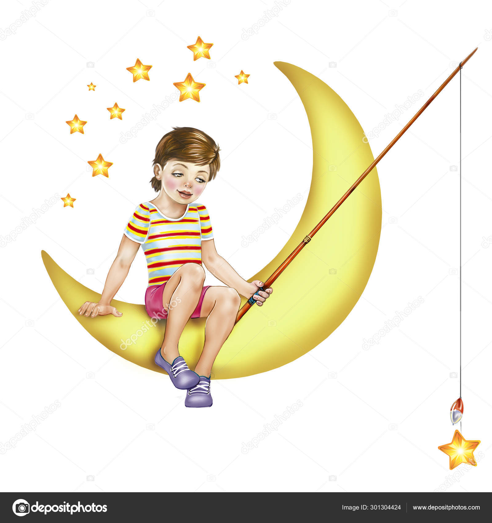 Boy Moon Fishing Rod Caught Star Starry Night Sky Isolated Stock ...