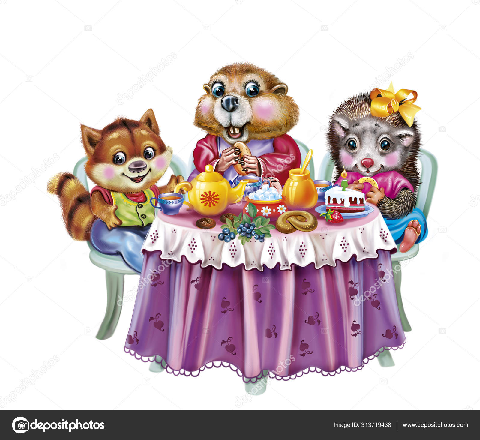 Funny Cartoon Animals Gathered Table Tea Party Happy Birthday Greeting ...