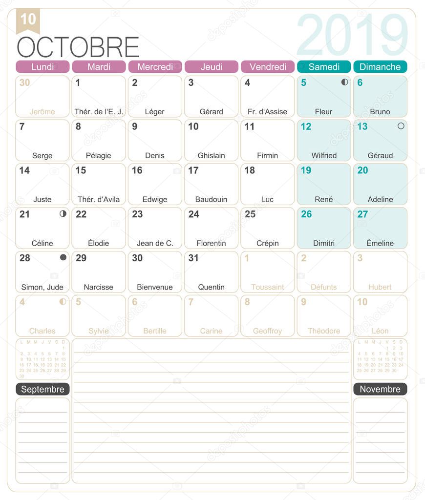 Calendario francés 2019 / octubre 2019, plantilla de calendario mensual ...