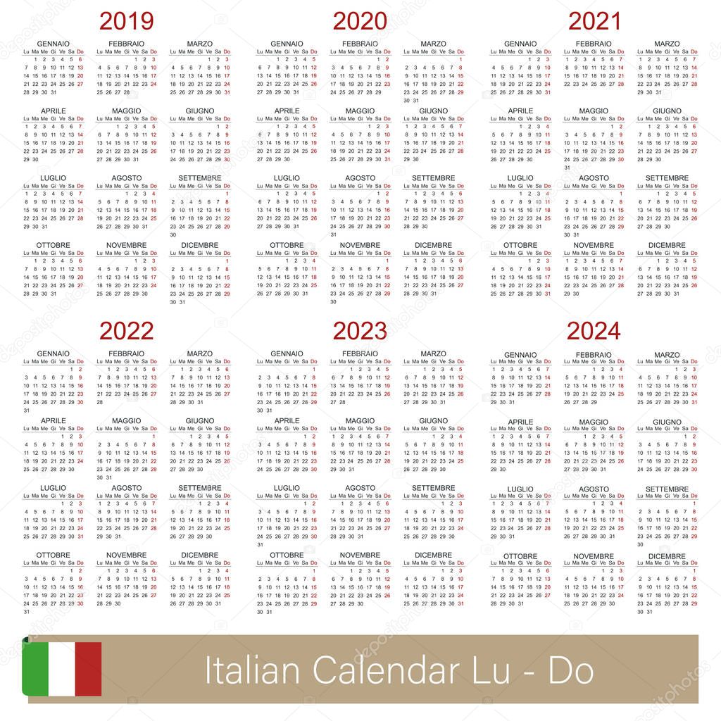 Calendario italiano 2019 - 2024, la semana comienza el lunes, plantilla ...