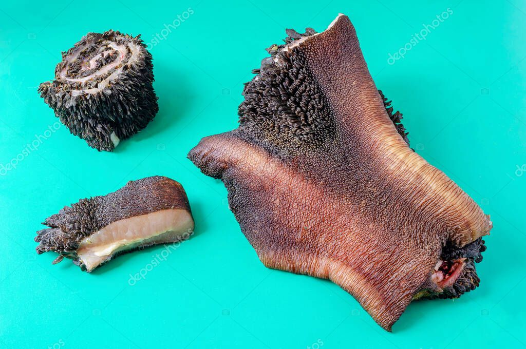 Trozos de estómago de vaca cruda en turquesa. Trozos aleatorios Tripa ...