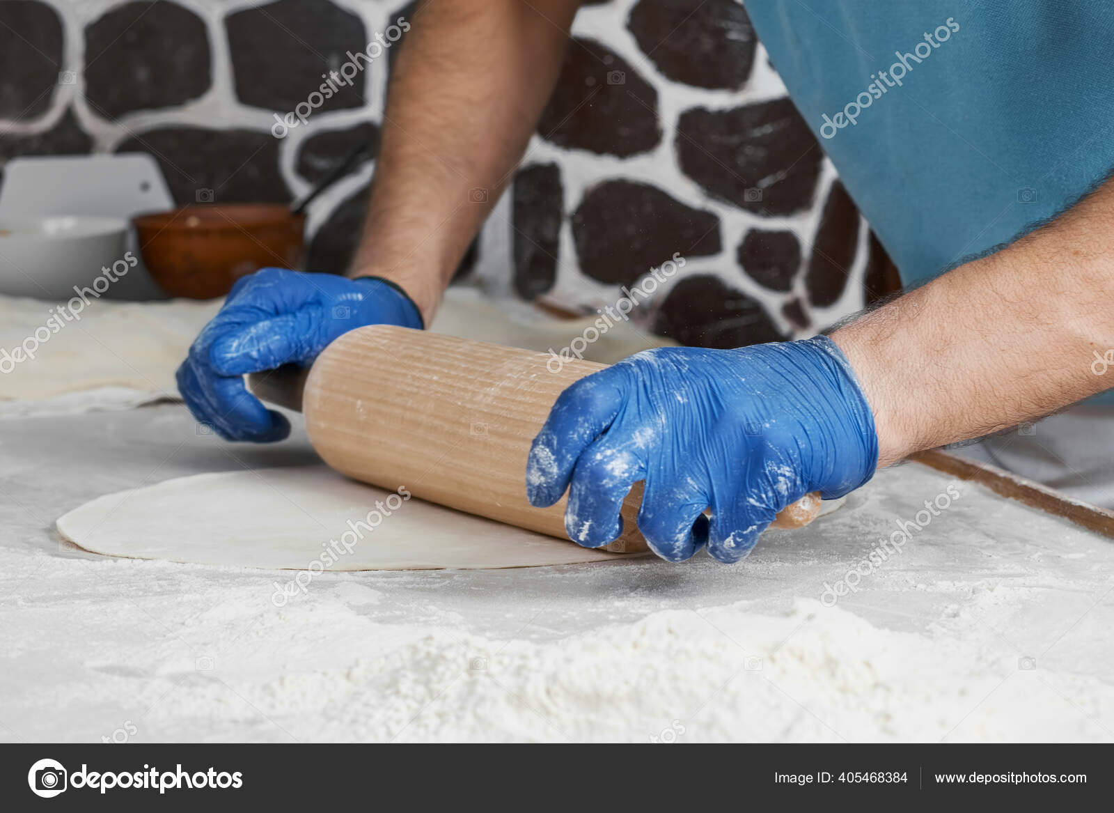 Hands Male Chef Blue Gloves Roll Out Dough Table Making Stock Photo by ...