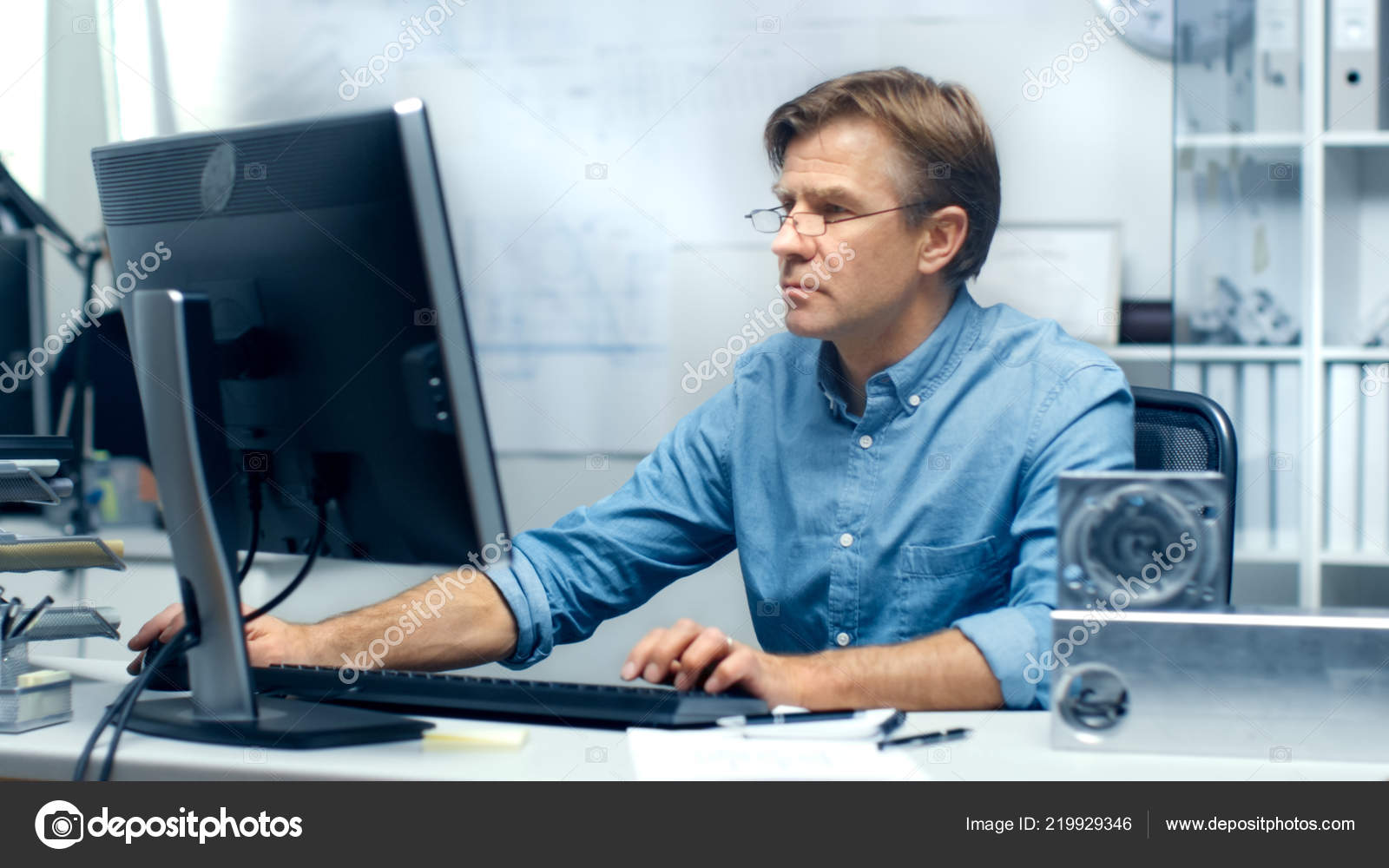 Busy Engineering Bureau Chief Engineer Working His Desk Some Technical ...