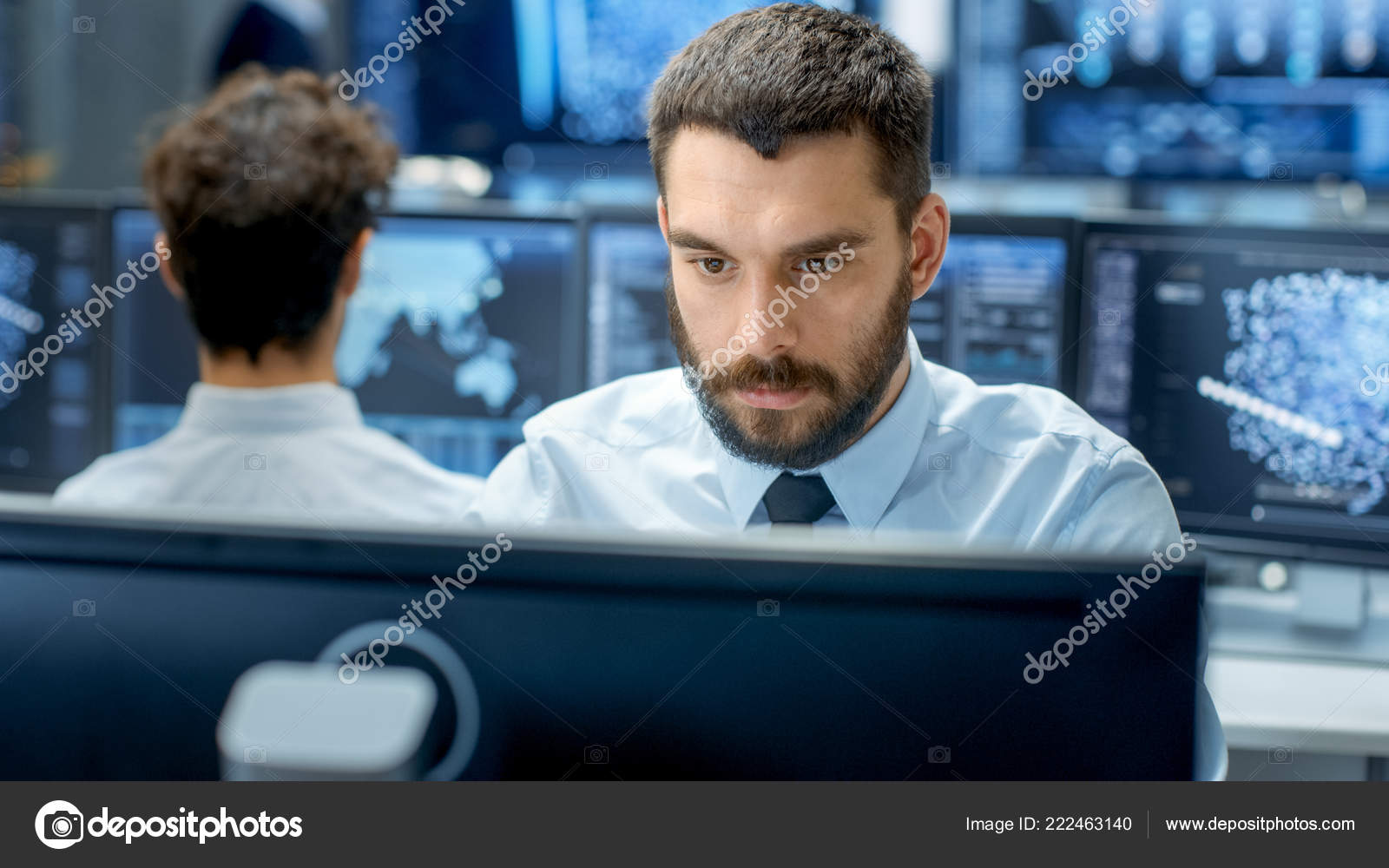 Neural Network Machine Learning Engineer Programming His Workstation Office Crowded — Stock ...
