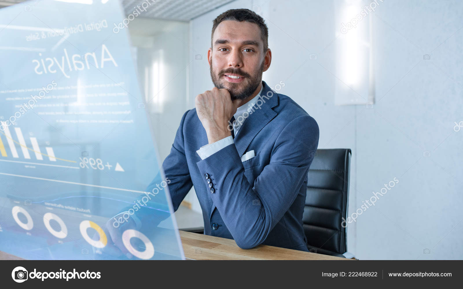 Future Successful Businessman Works Computer Transparent Display Shows ...