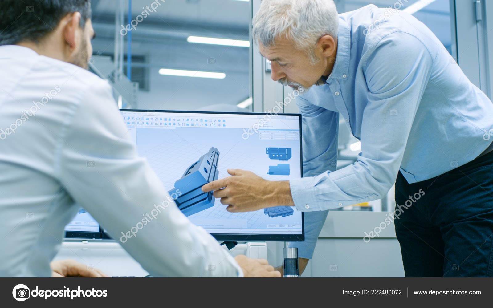 Industrial Designer Has Conversation Senior Engineer While Working Cad ...