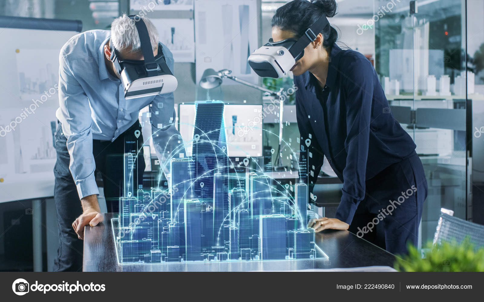 Male Female Architects Wearing Augmented Reality Headsets Work City ...