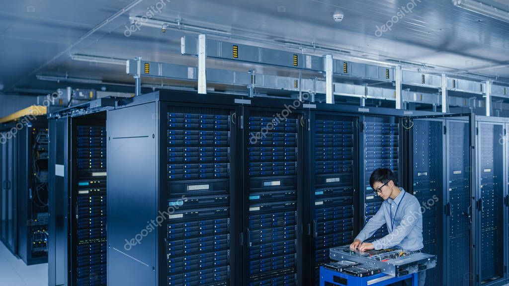 En el centro de datos moderno: Técnico de TI que trabaja con bastidores de servidores, en un ...