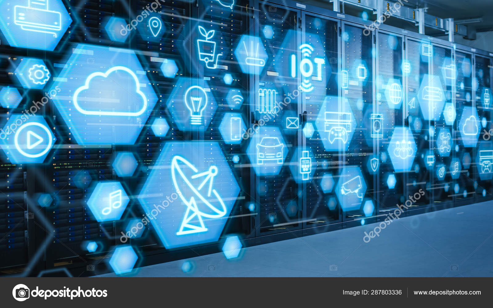 Shot of Working Data Center Full of Rack Servers and Supercomputers. IT ...