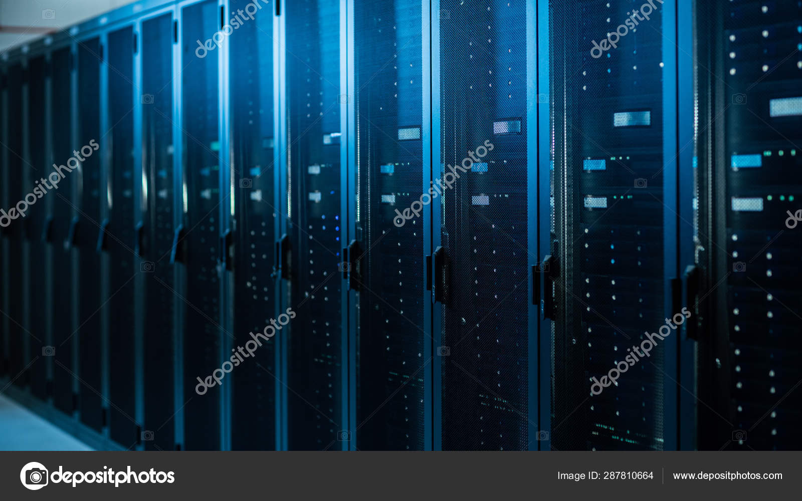 Shot of a Working Data Center With Rows of Rack Servers. Led Lights ...