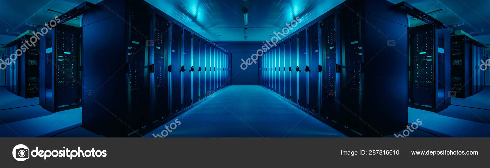 Wide-Angle Panorama Shot of a Working Data Center With Rows of Rack Servers. Blue Led Lights ...