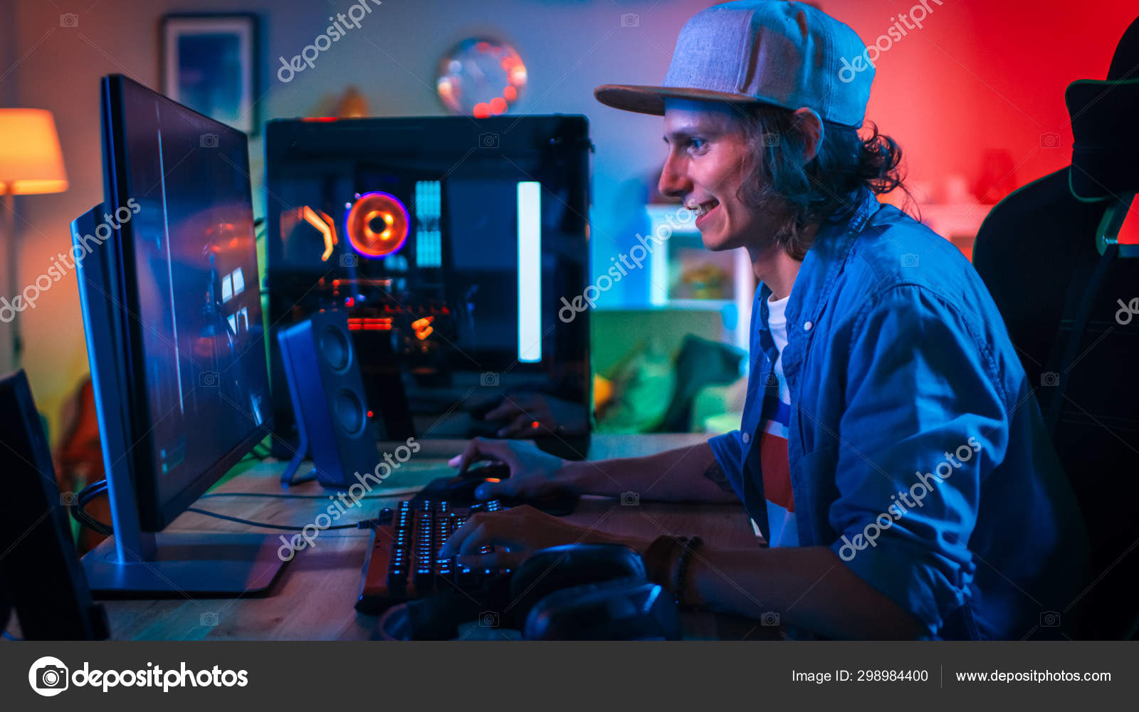 Professional Gamer Playing First-Person Shooter Online Video Game on ...