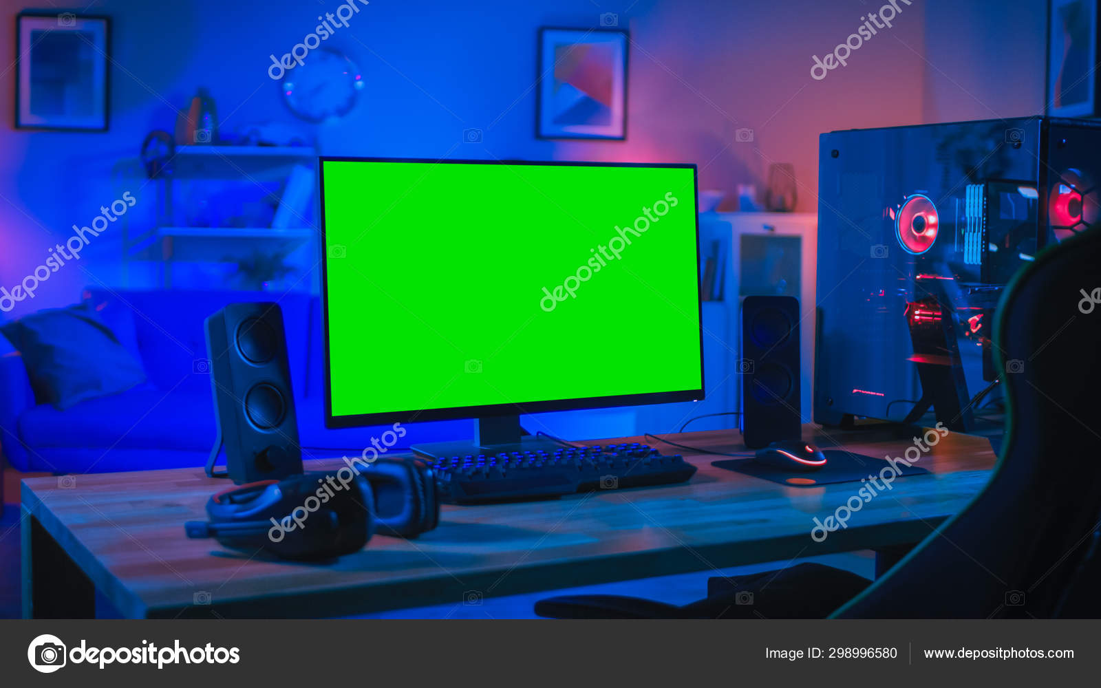 Powerful Personal Computer Gamer Rig with Mock Up Green Screen Monitor ...