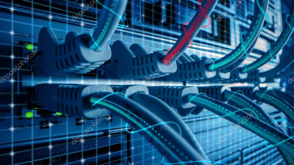 Macro Shot con Realidad Aumentada: Cables Ethernet Conectados a Puertos de Router con Gráficos ...