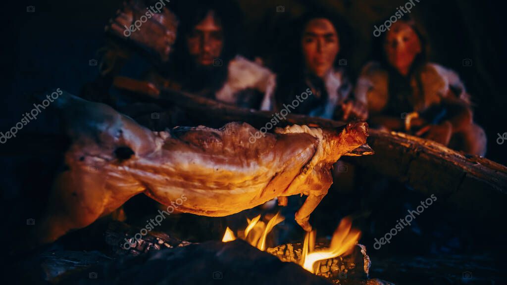 Primer plano Shot of Homo Sapiens Family Cooking Animal Meat over ...