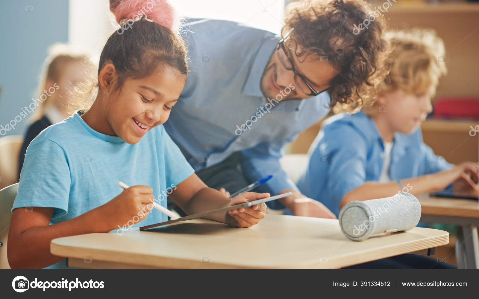 Elementary School Computer Science Class: Smart Girl Uses Digital ...