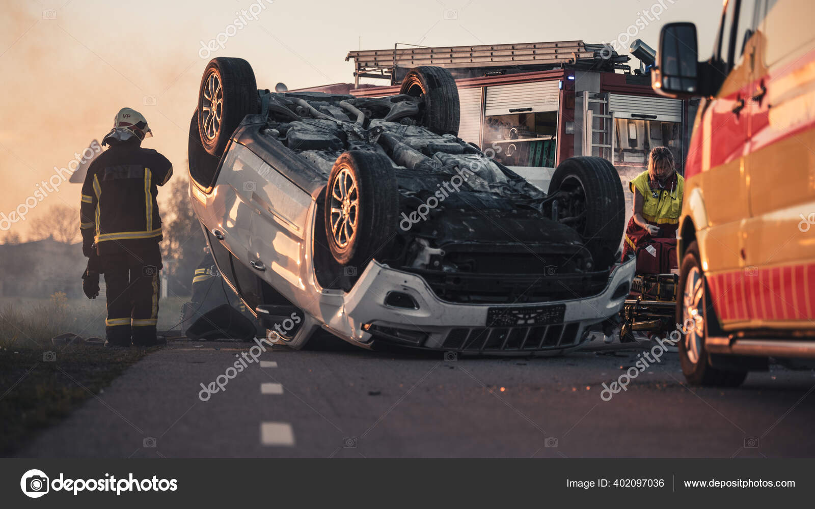 Horrific Traffic Accident Rollover Smoking and Burning Vehicle Lying on ...