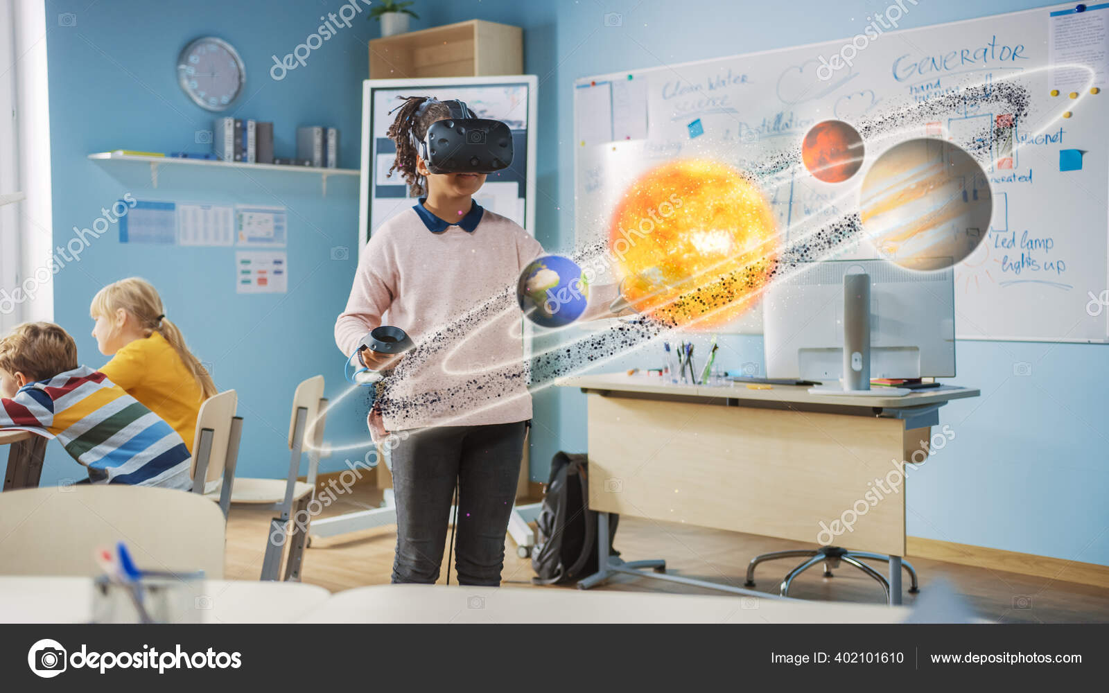 Cute Girl Wearing Augmented Reality Headset and Using Controllers ...