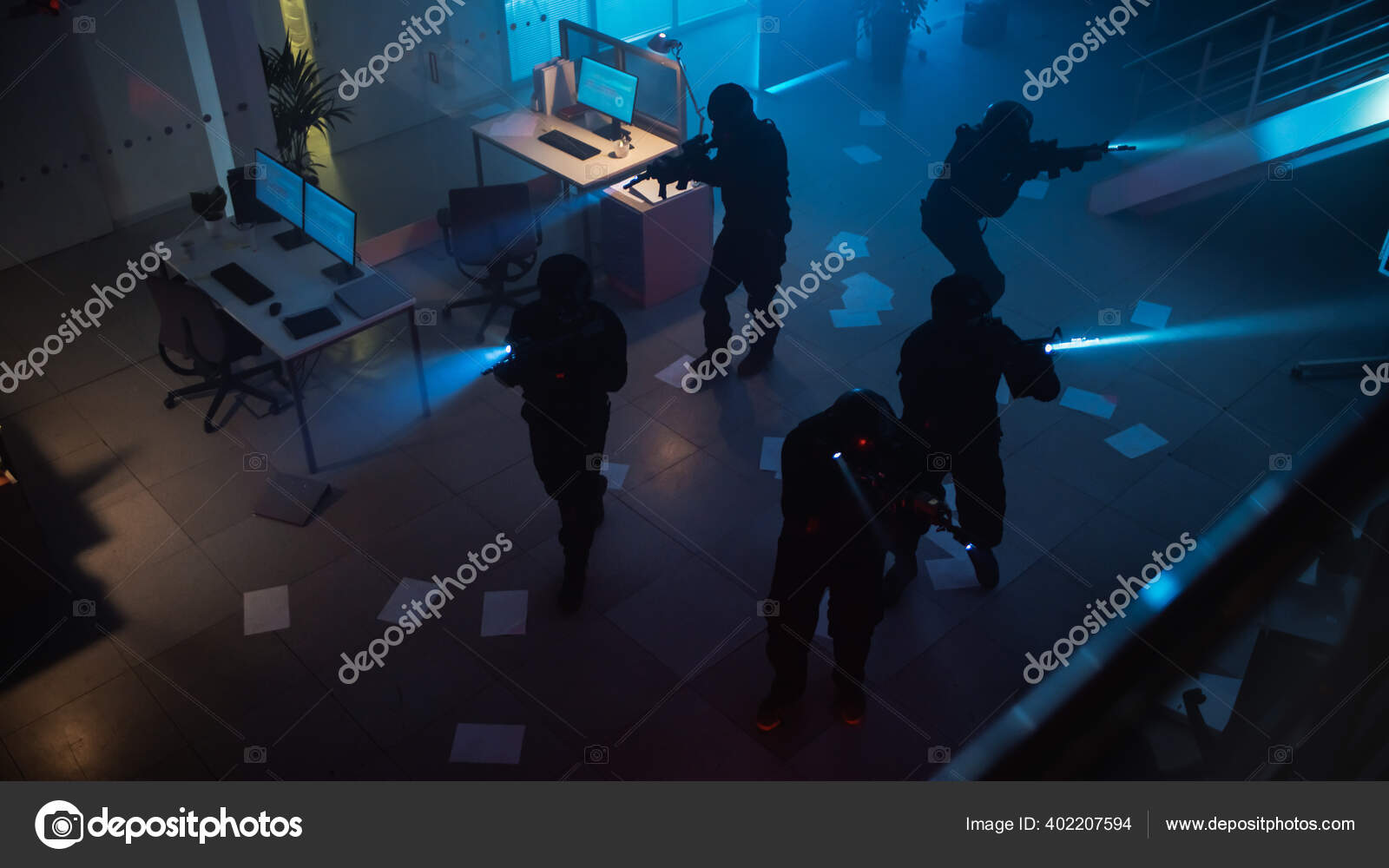 Masked Squad of Armed SWAT Police Officers Storm a Dark Seized Office ...