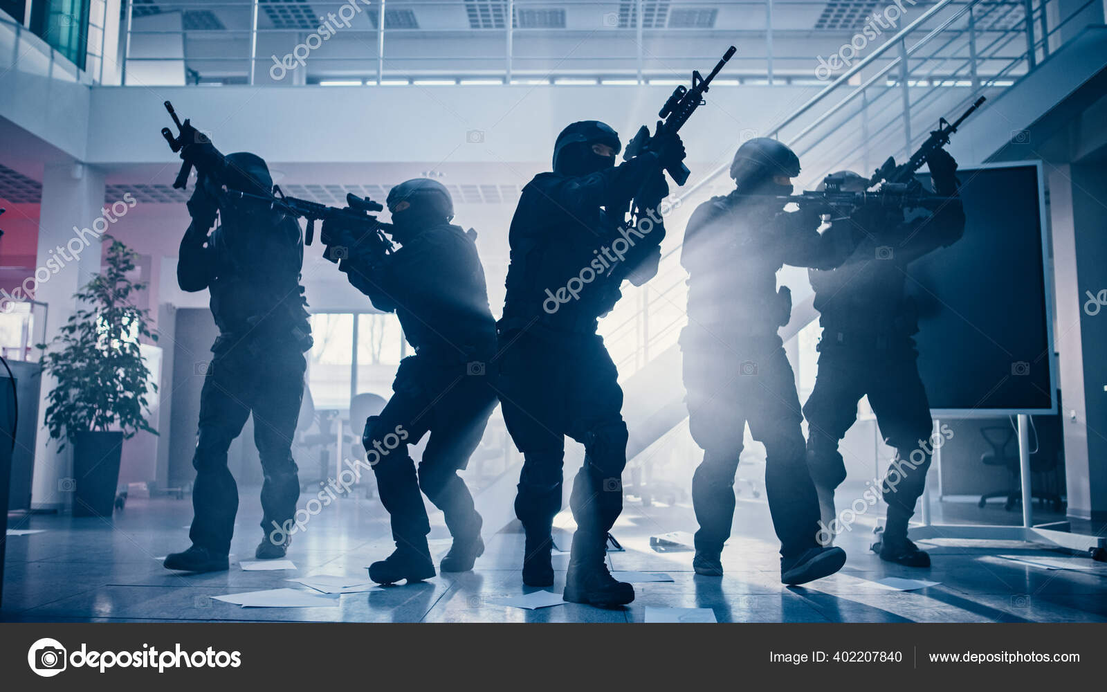 Masked Fireteam of Armed SWAT Police Officers Storm a Bright Seized ...