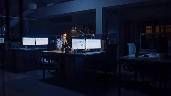 Working Late at Night in the Office: Businessman Uses Desktop Computer ...