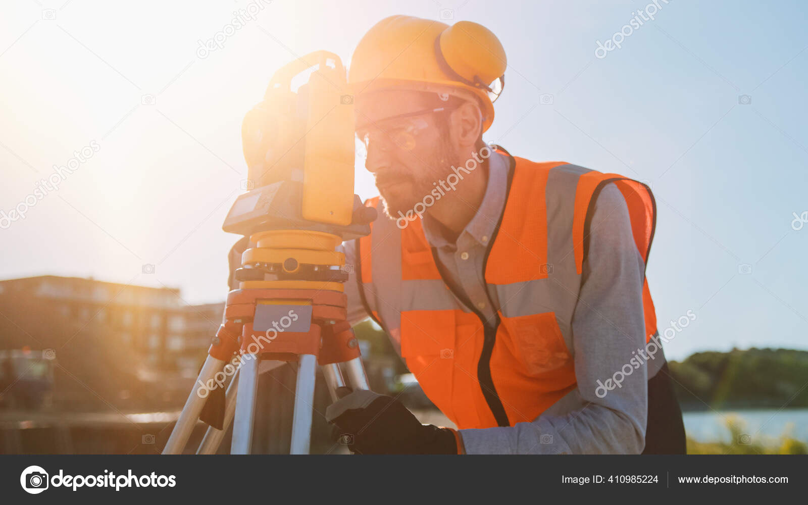 Construction Worker Using Theodolite Surveying Optical Instrument for ...