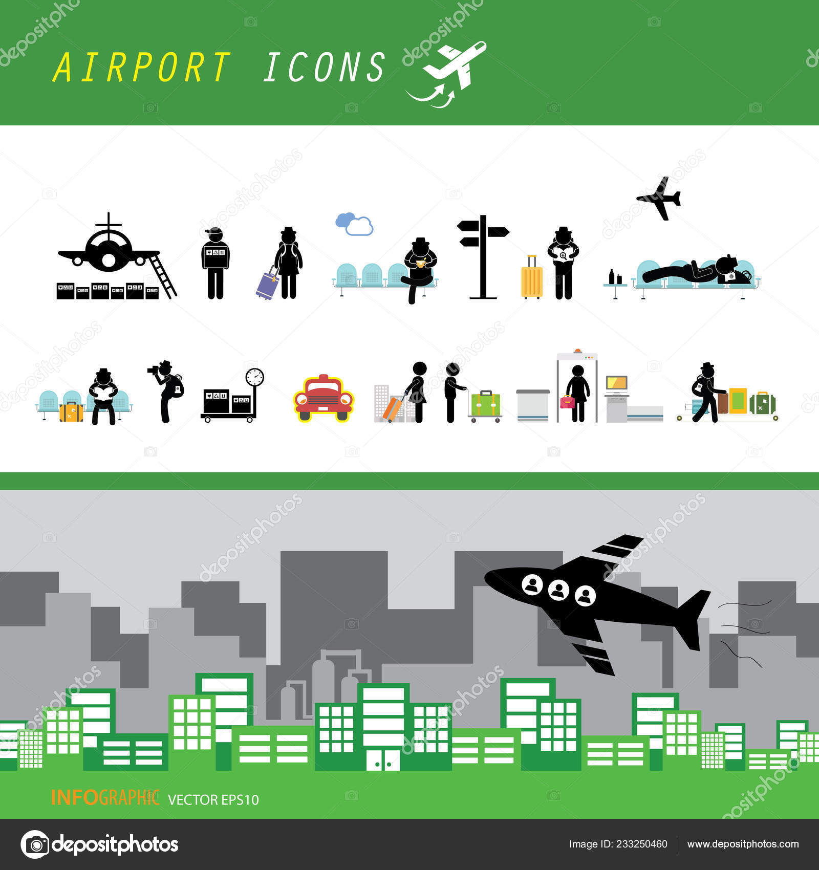 Airport Terminal Icons Set Isolated White Background Stock Vector by ...