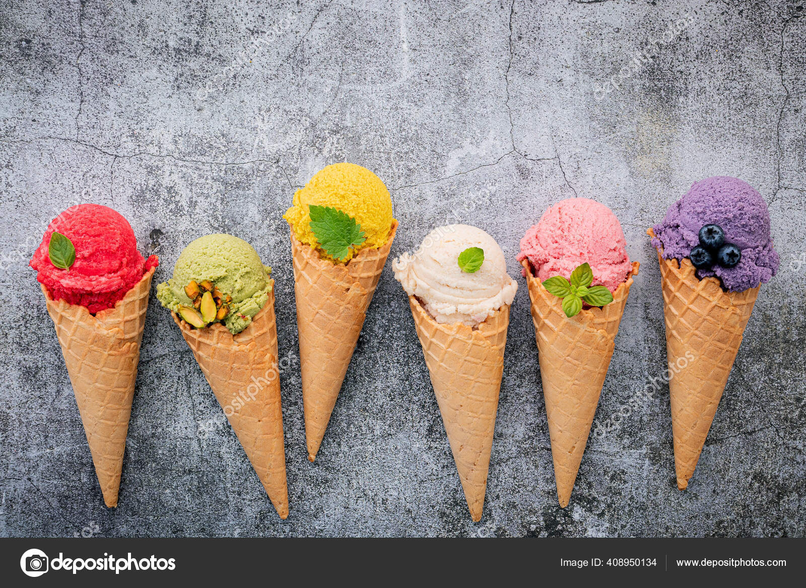 Various Ice Cream Flavor Cones Blueberry Green Tea Pistachio Almond ...