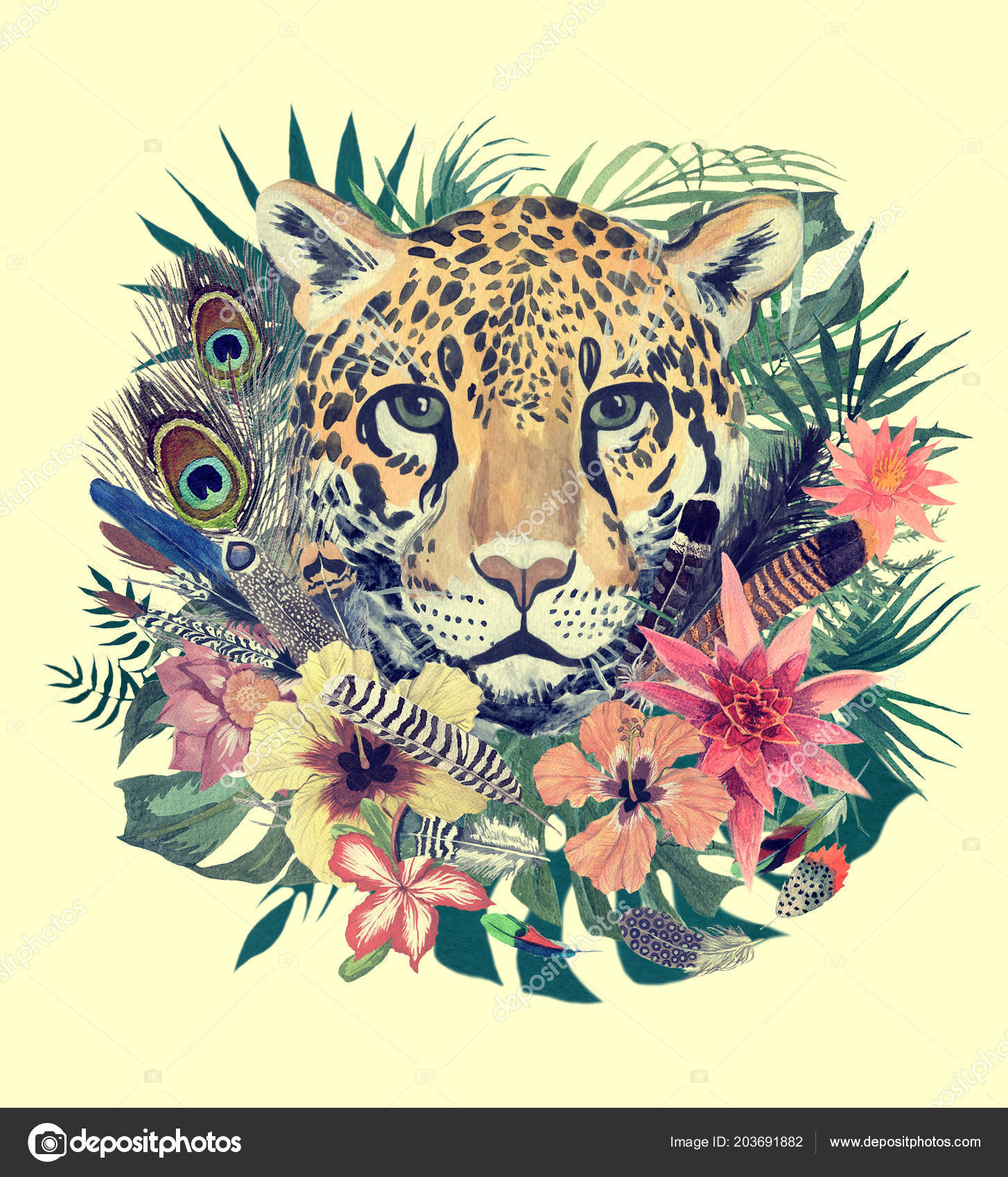 Watercolor hand drawn illustration with leopard head, flowers, leaves ...