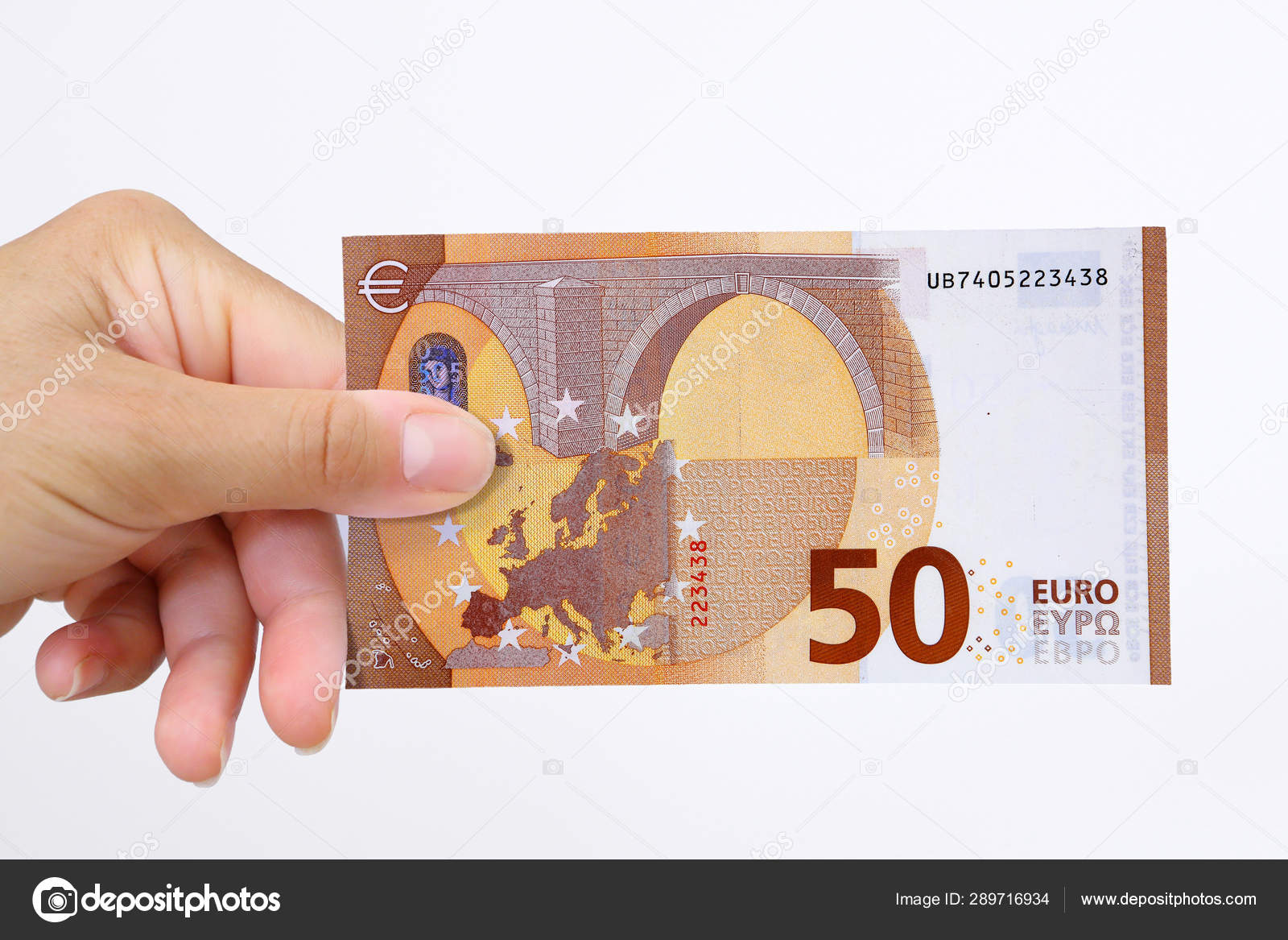 Hand Holding Euro Bank Note Isolated Background — Stock Photo ...