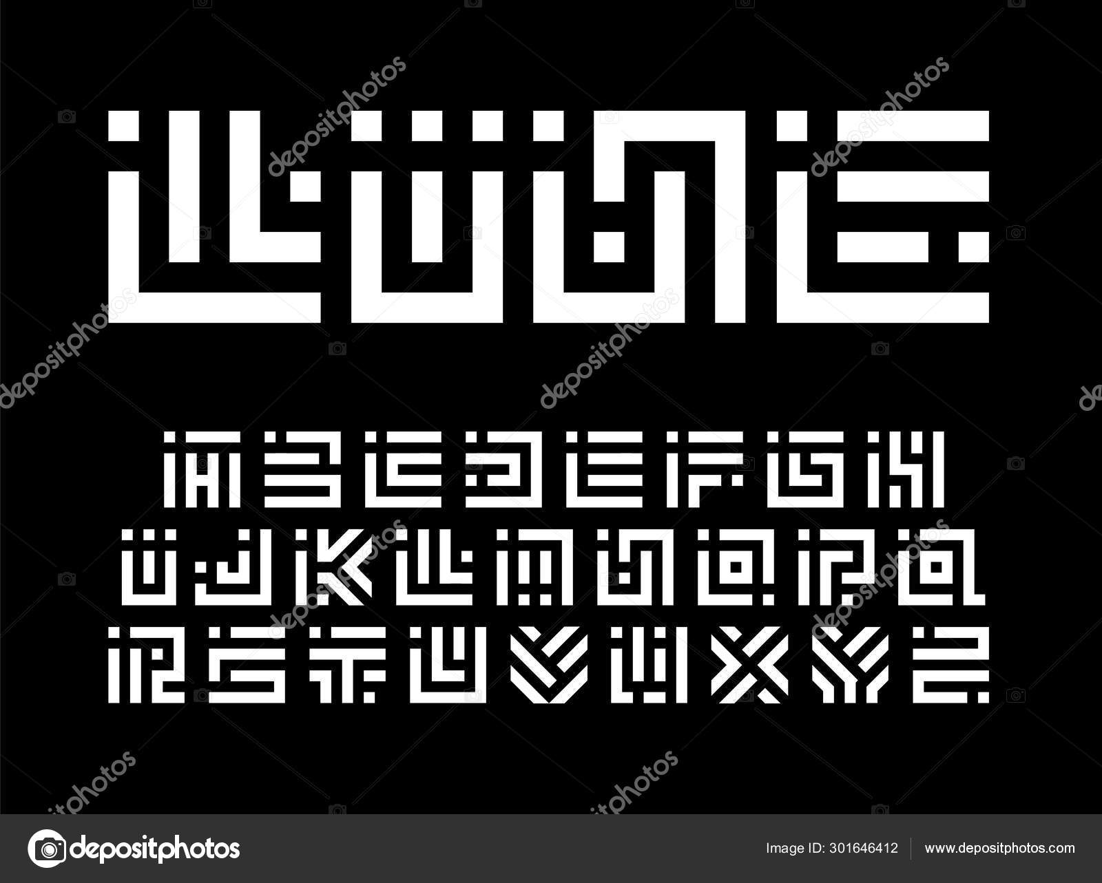 Dot and dash line letters set, geometric maze symbols. Square blocks ...